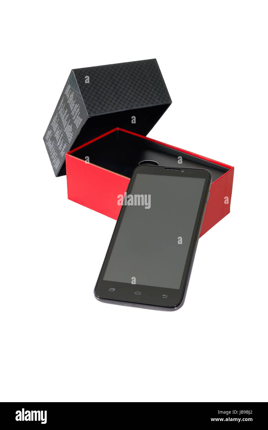 Modern new mobile phone in the box, isolated on a white background ...