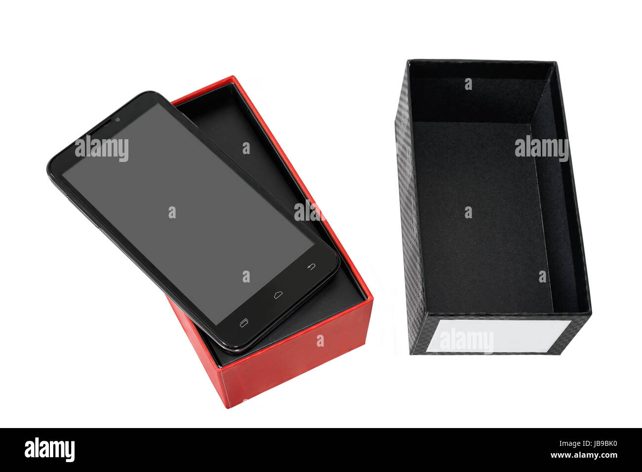 Modern new mobile phone in the box, isolated on a white background ...