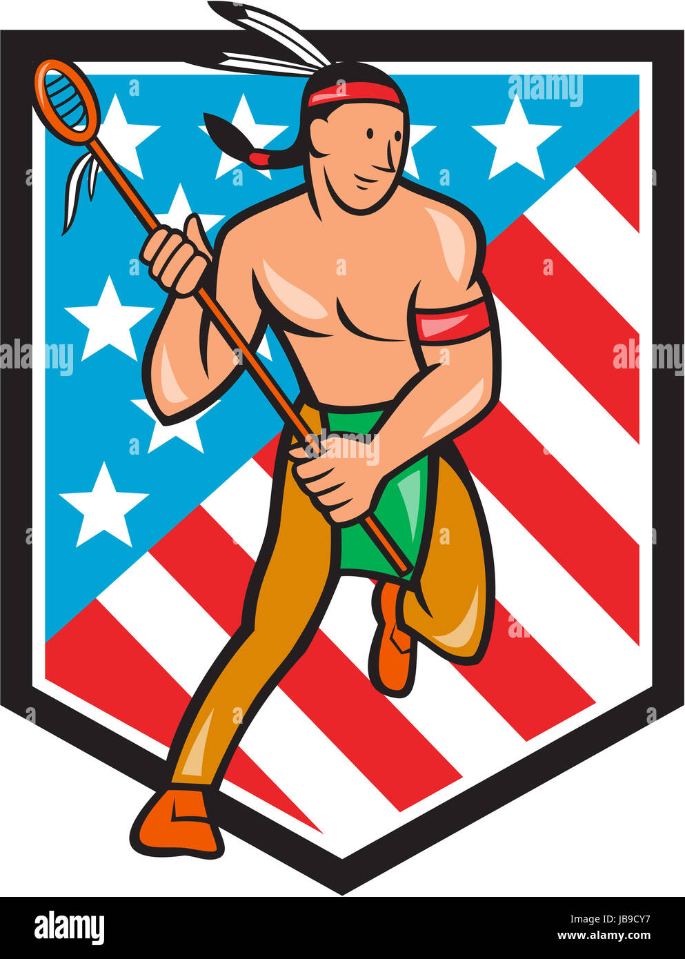 Illustration of a native american lacrosse player holding a crosse or ...