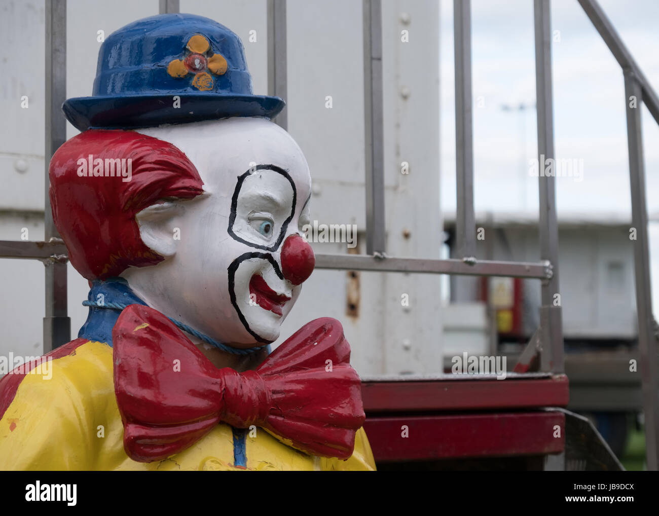 A very large, life-sized circus clown model at the entrance to Ginnets ...