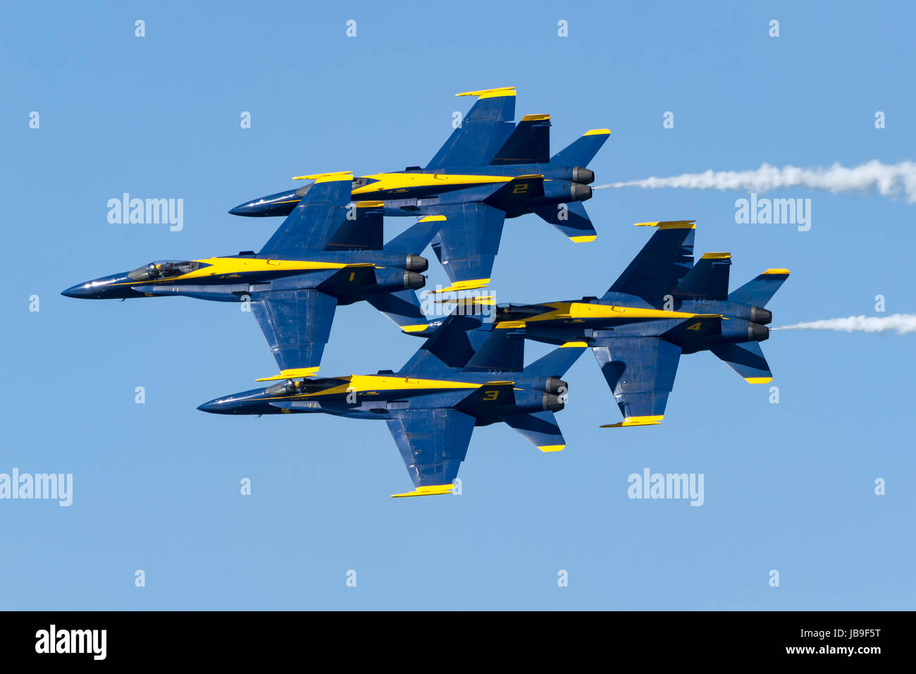 The Blue Angels in diamond formation pass overhead during 2016 San ...