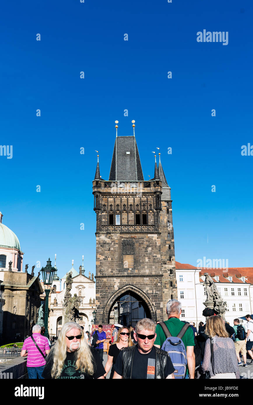Prague, Czech Republic. May 28, 2017.View of the Old Town Bridge Tower ...