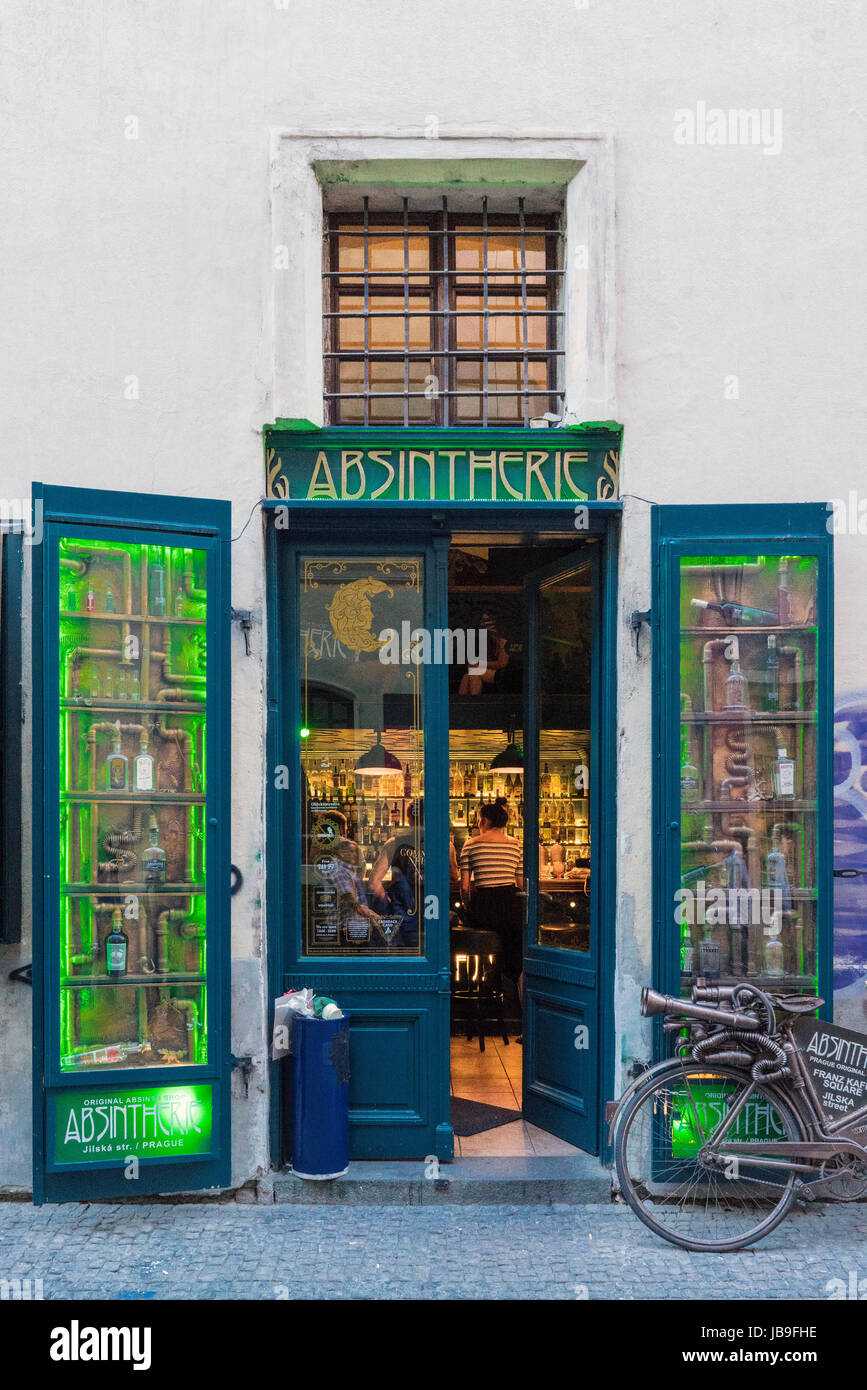 Prague, Czech Republic, May 28, 2017.- Typical absinthe bar on Jilska ...