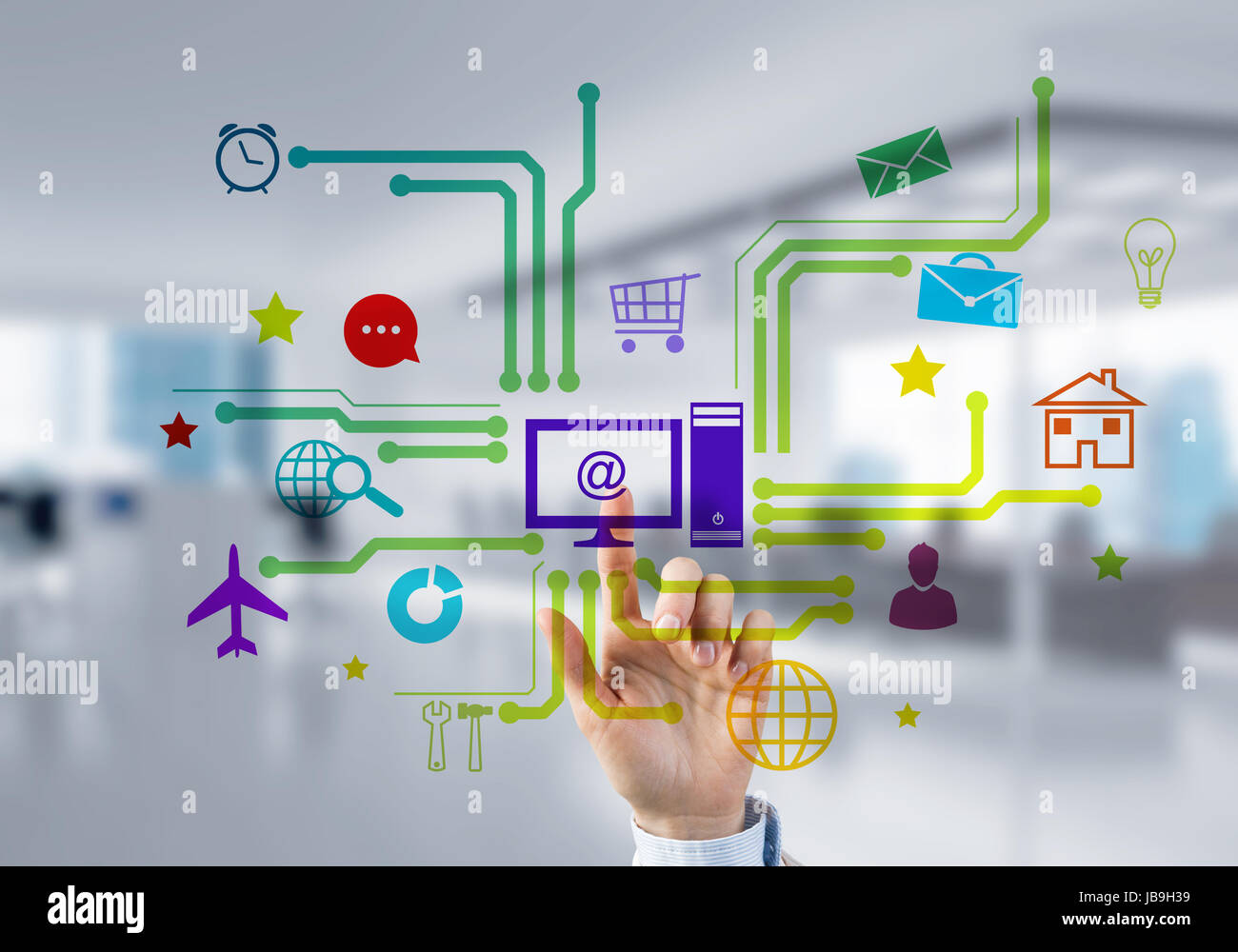 Modern office interior and close of businesswoman hand choosing icon on ...