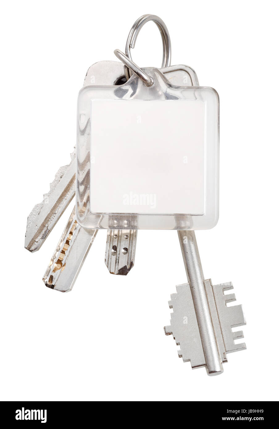 square keychain and bunch of keys on ring and isolated on white ...