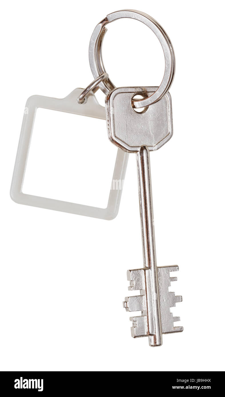 big double-sided key and square keychain on ring isolated on white ...