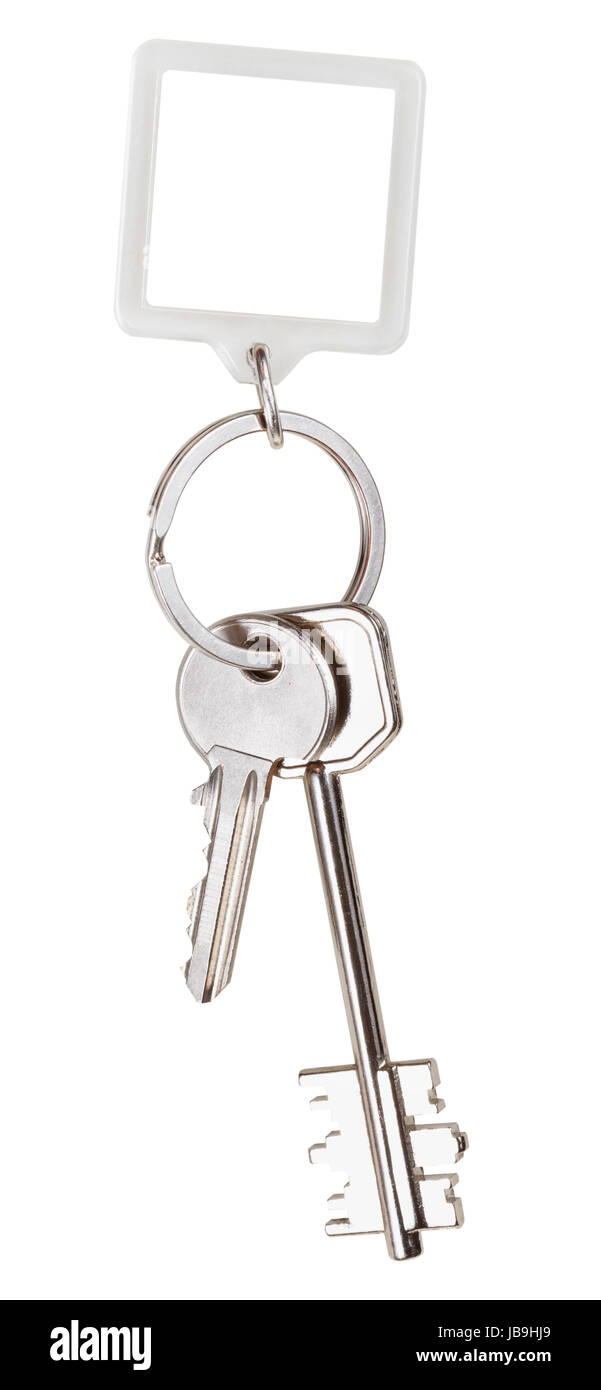 two keys and square keychain on ring isolated on white background Stock ...