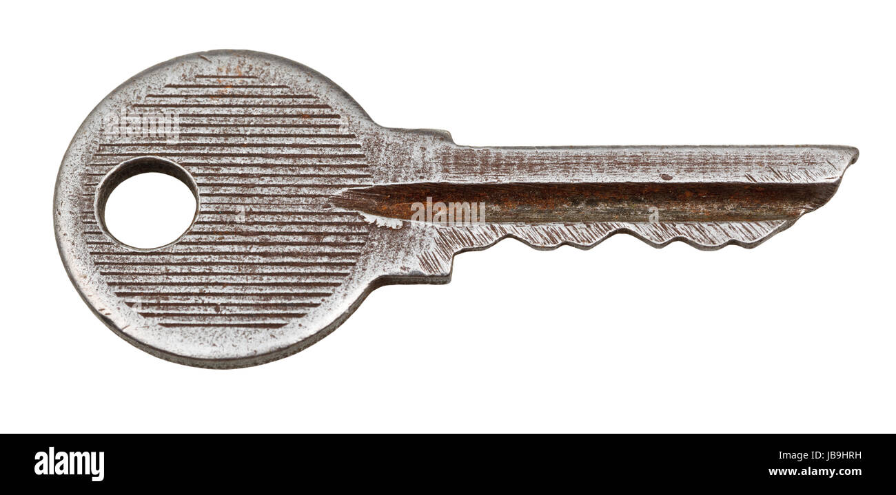 old rusty steel door key for cylinder lock isolated on white background ...