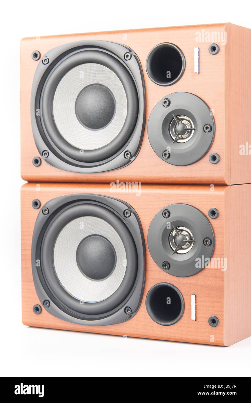 wooden sound speakers isolated on white background Stock Photo - Alamy