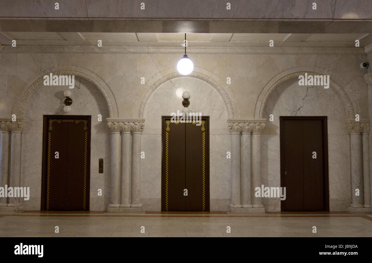 A row of three elevators in the Municipal building in Minneapolis ...