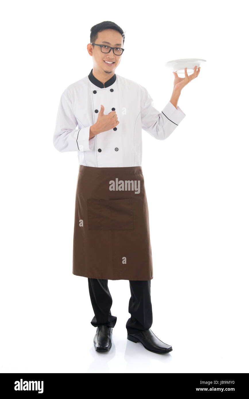 Full body Asian chef holding an empty plate ready for food, thumb up ...