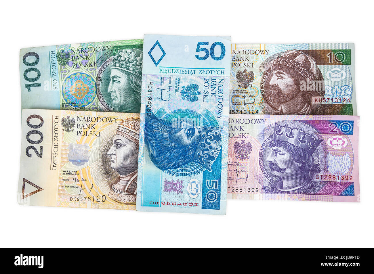 Set of polish banknotes isolated on white background with clipping path ...