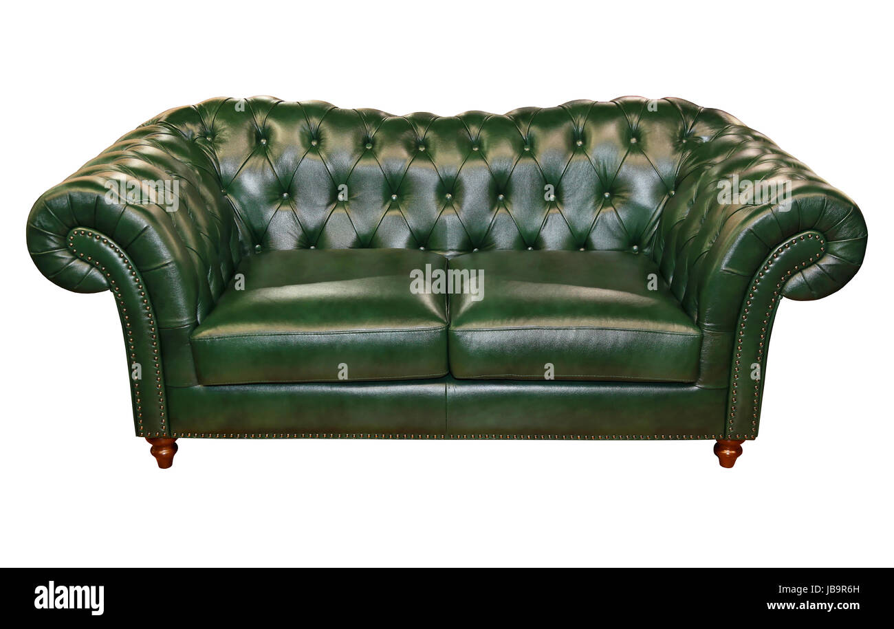 Green leather sofa isolated included clipping path Stock Photo - Alamy