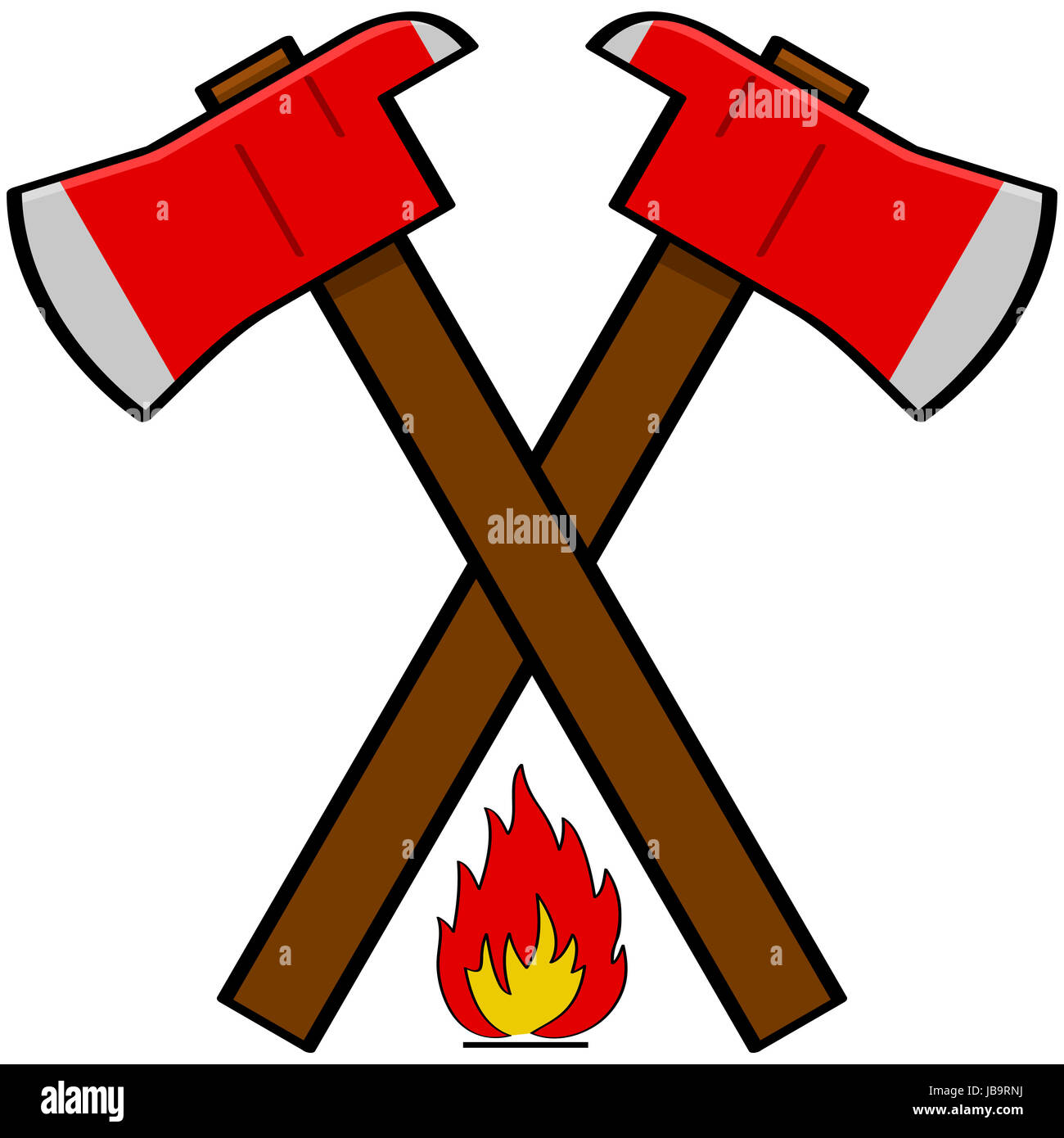 Cartoon illustration showing a couple of fireman axes over a little ...