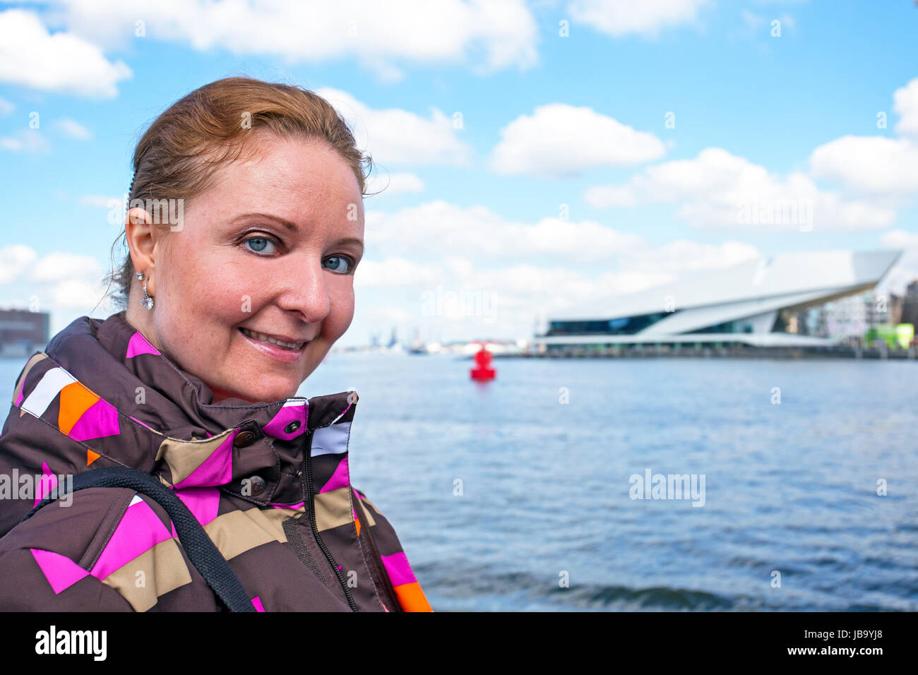 Young native dutch woman on a ferry in Amsterdam the Netherlands Stock ...
