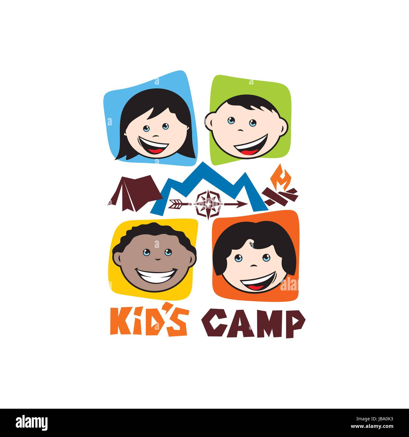 Logo of the kid's camp. Mountains, compass, tent and children Stock ...