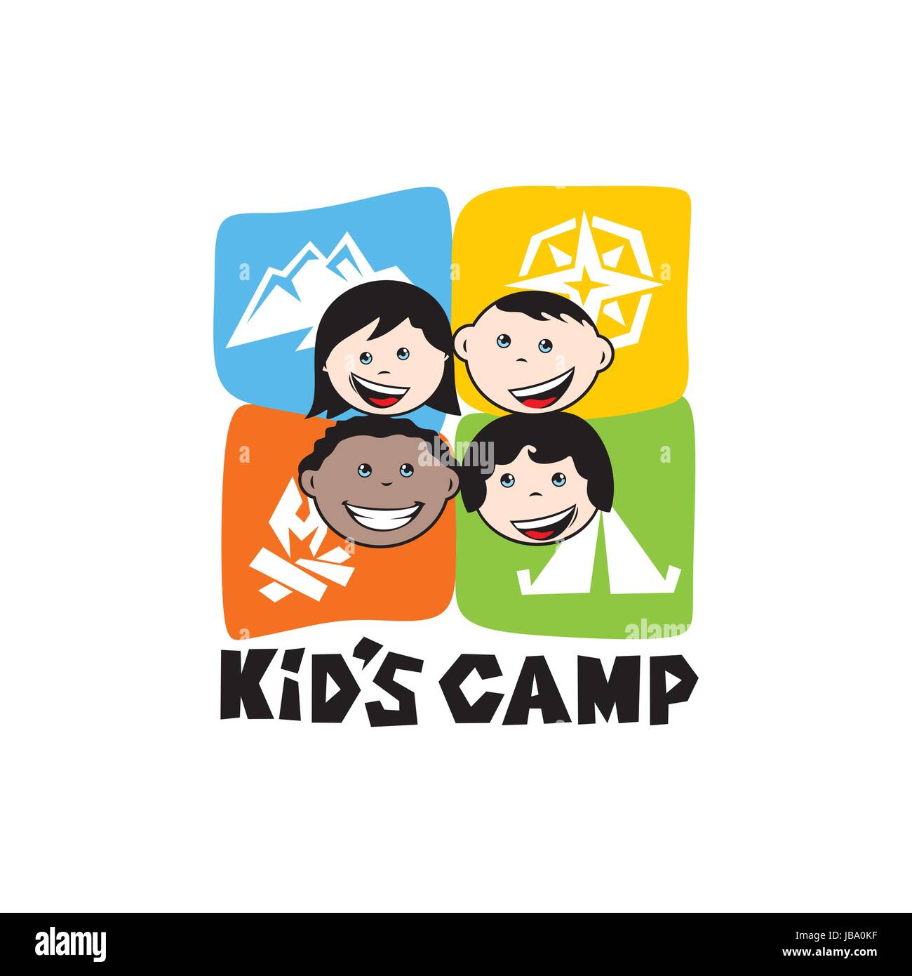 Logo of the kid's camp. Mountains, compass, tent and children Stock ...