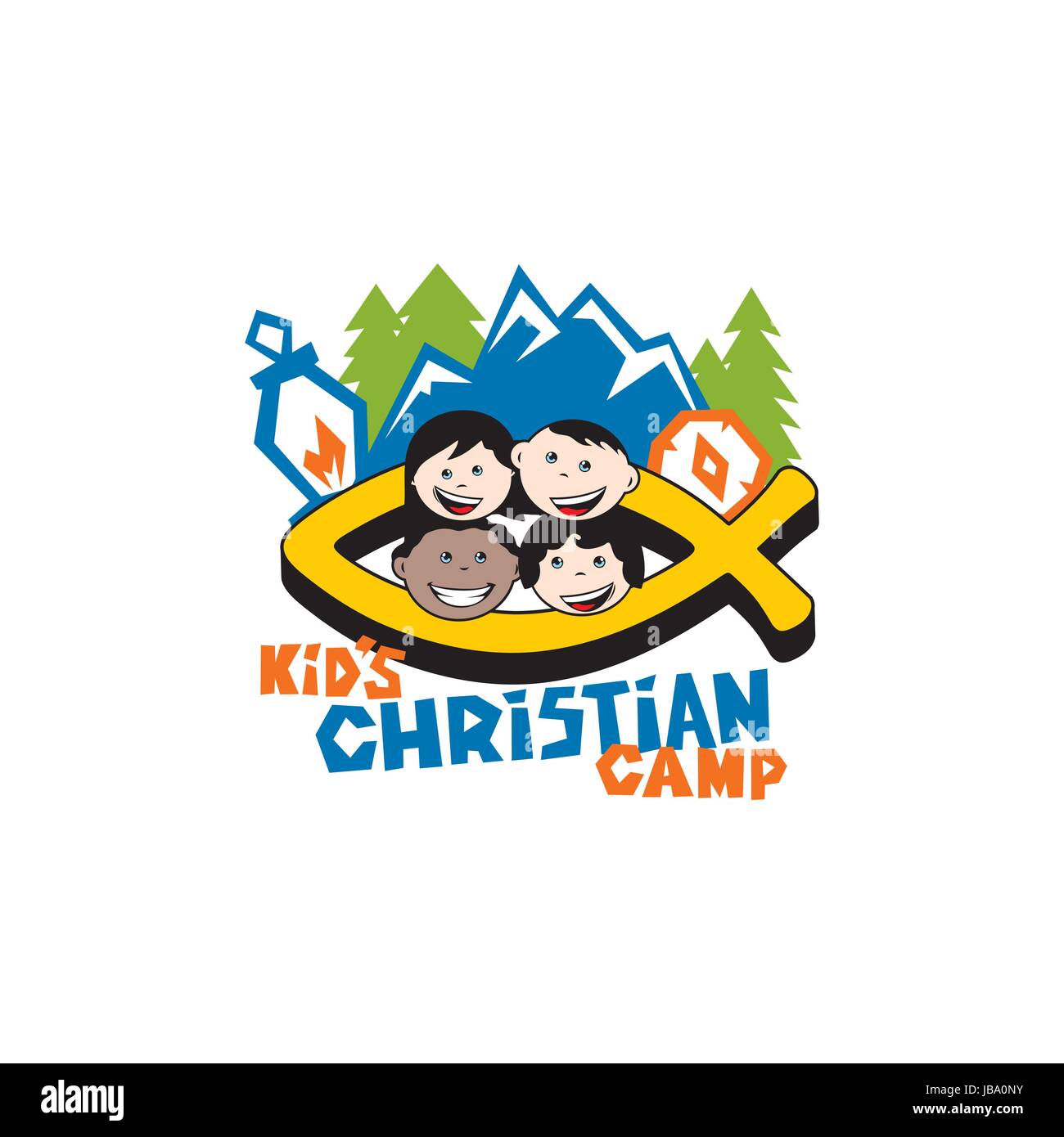 Logo of kid's Christian camp. Fish is a sign of Jesus, children ...
