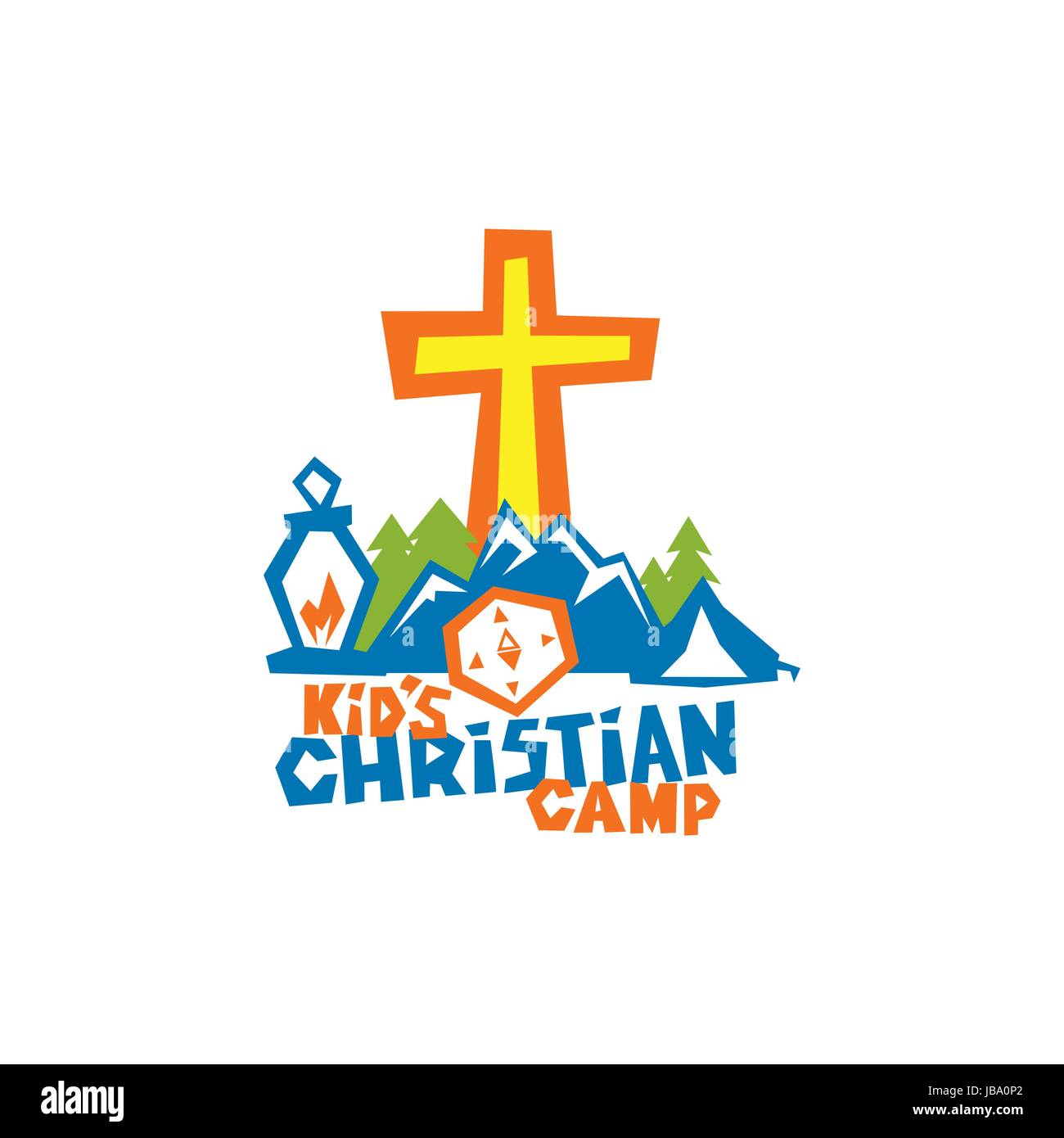 Logo of kid's Christian camp. Mountains, trees, a compass and a lamp ...