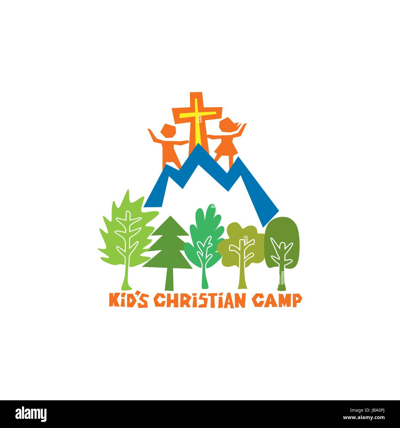 Logo of kid's Christian camp. Cross of Jesus, children, mountains and ...