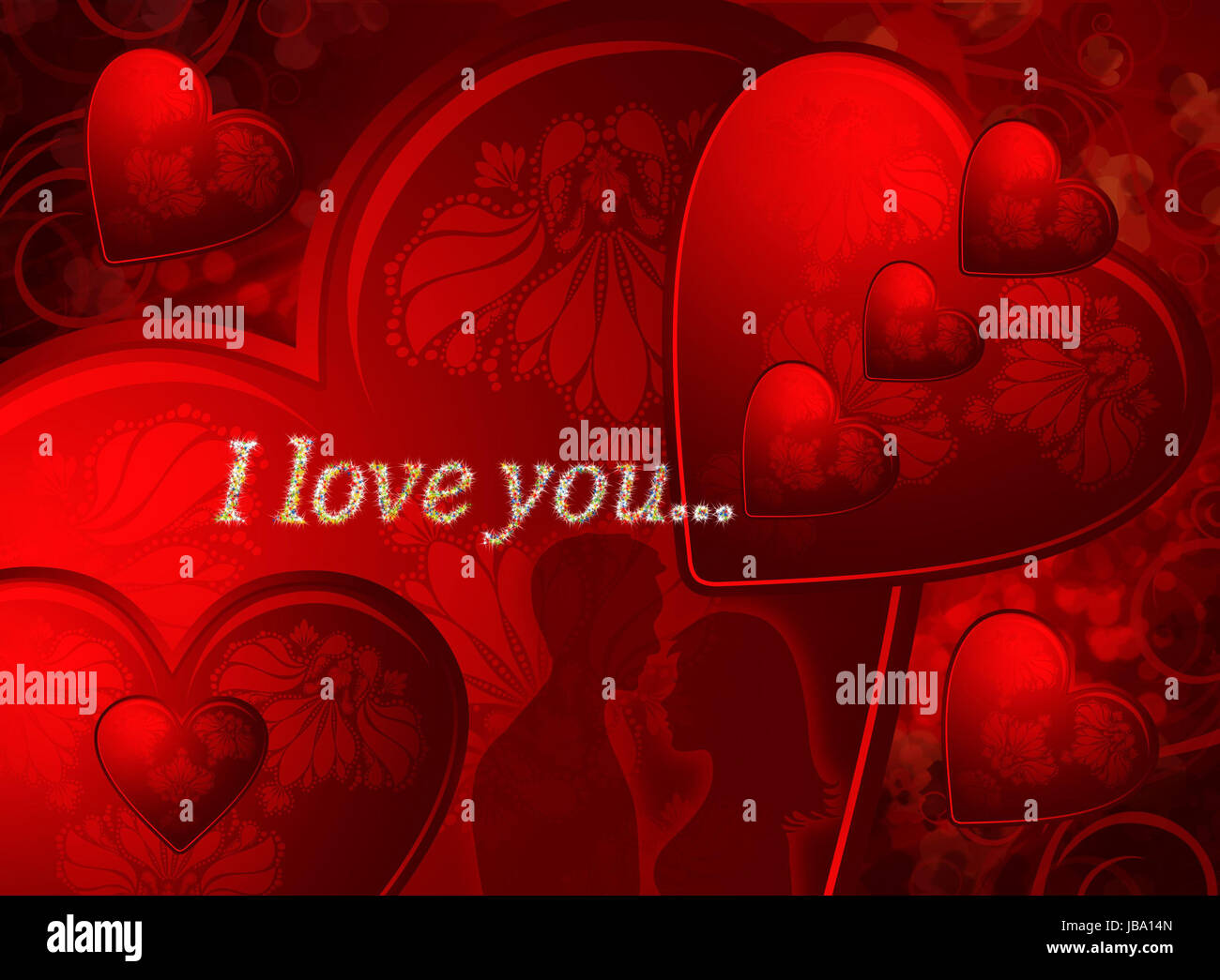 Red Valentines Card With Hearts And Two Silhouette Of Young Lovers ...