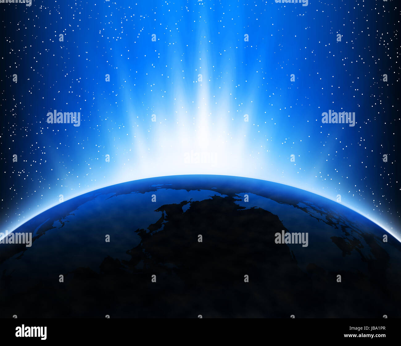 Illustration with Earth in space, light rays and stars Stock Photo - Alamy