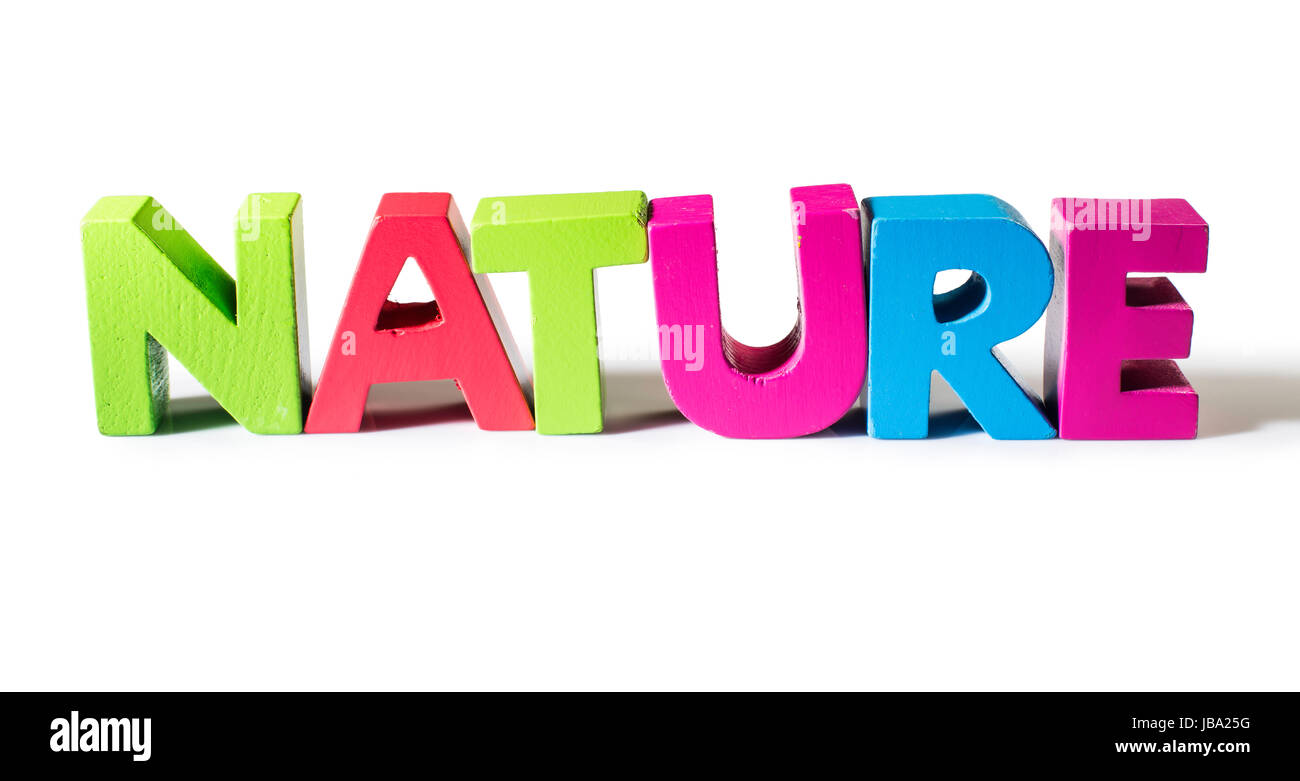 Multicolored word nature made of wood. White background Stock Photo - Alamy