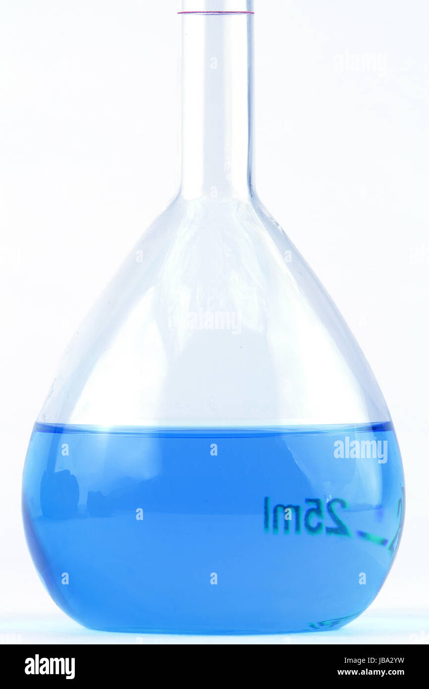 Volumetric flask with blue liquid in isolated white background Stock ...