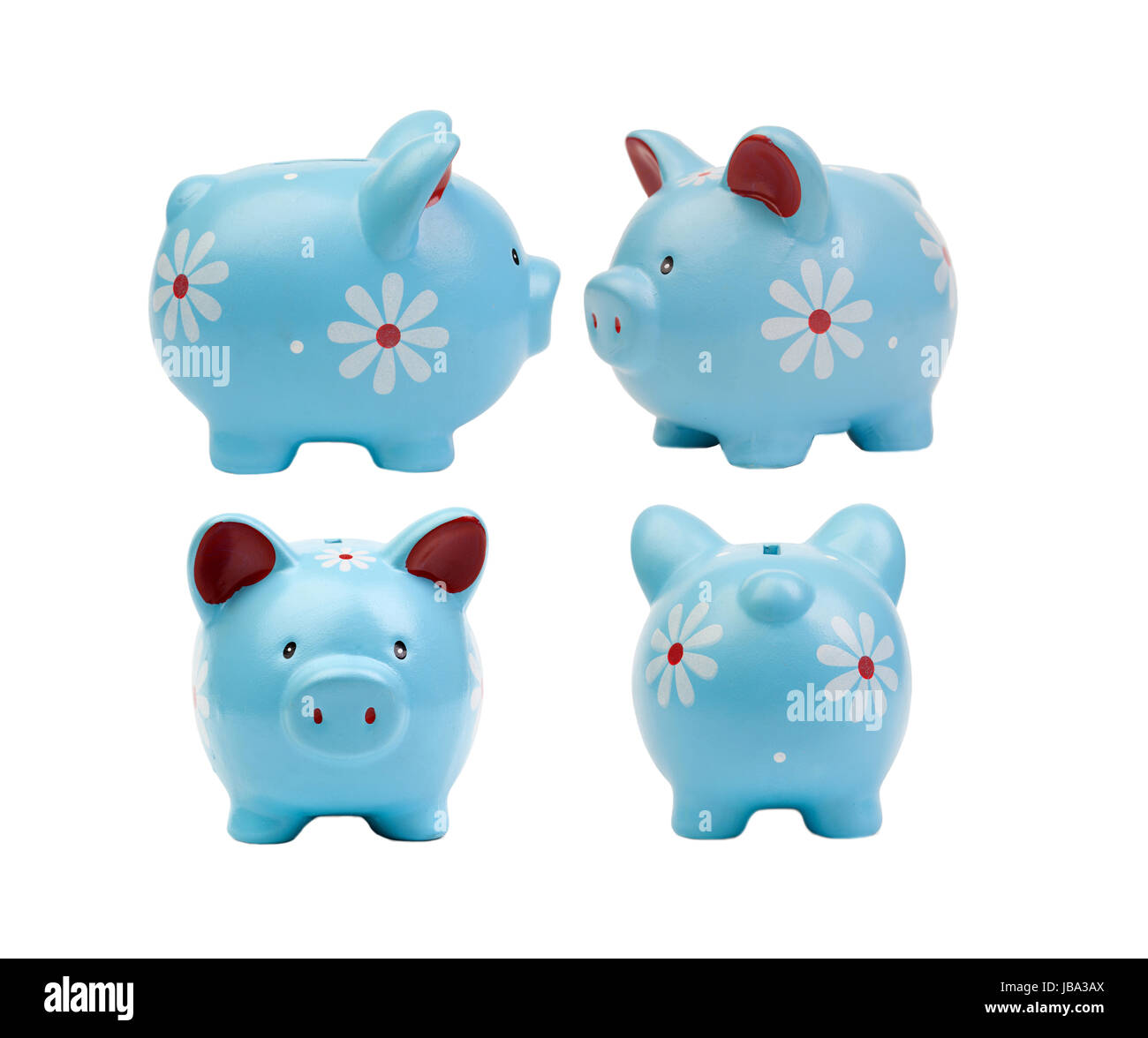 Four piggy banks each in different position isolated on white ...