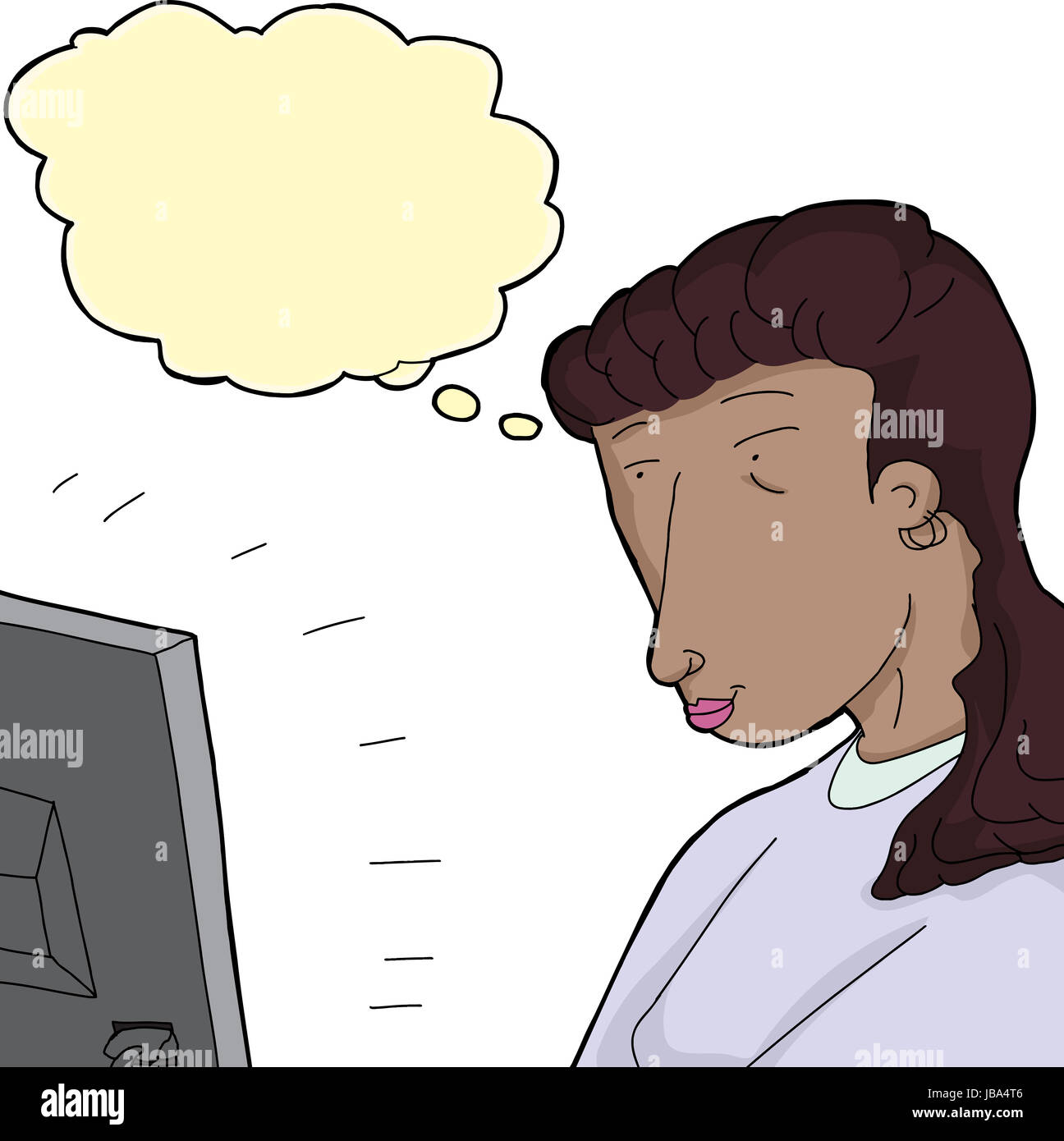 Woman looking at computer monitor with thought bubble Stock Photo - Alamy