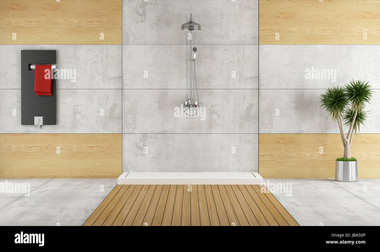 Minimalist bathroom with shower and radiator - rendering Stock Photo ...