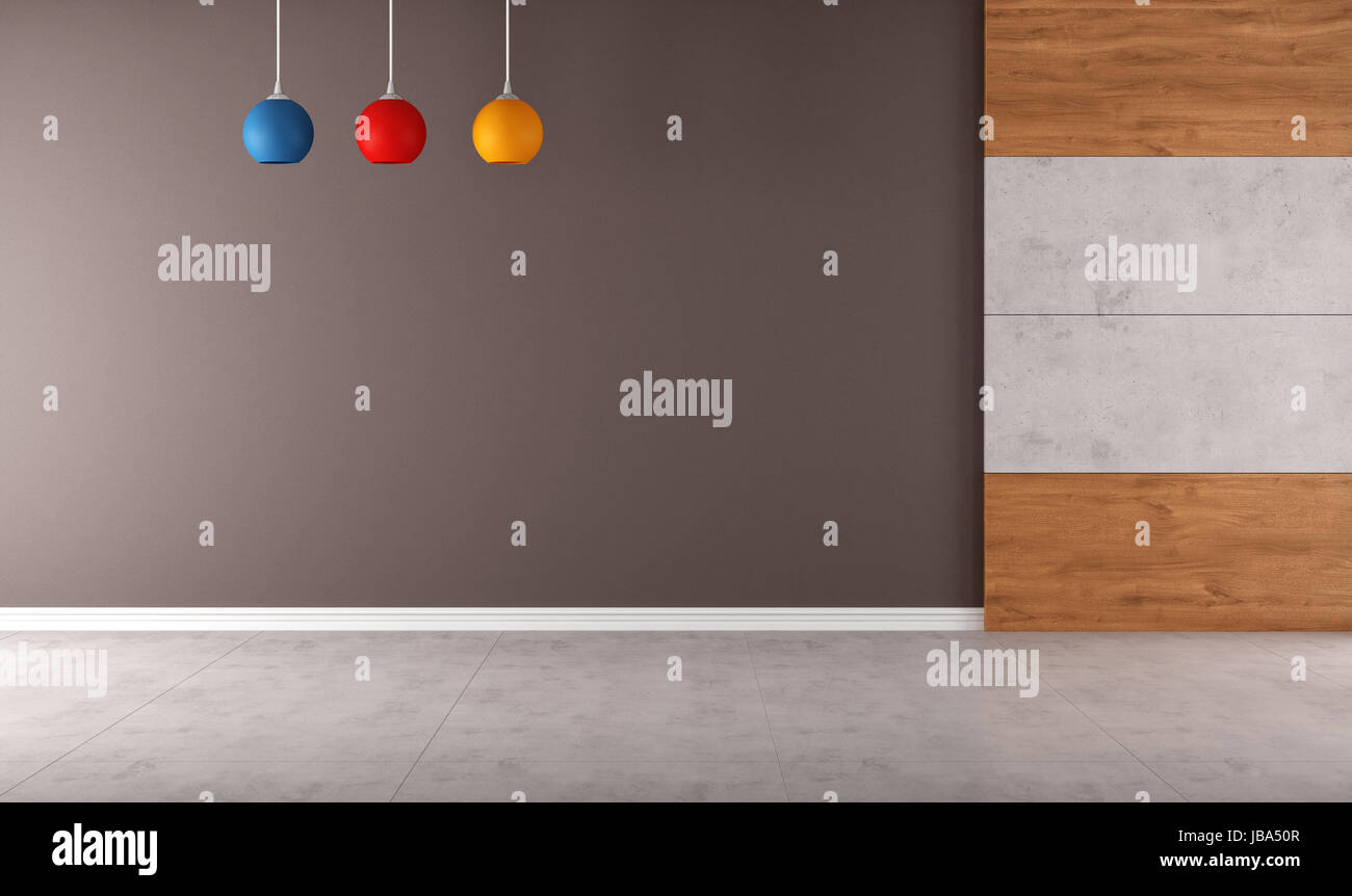 Brown interior with concrete and wooden panel - rendering Stock Photo ...
