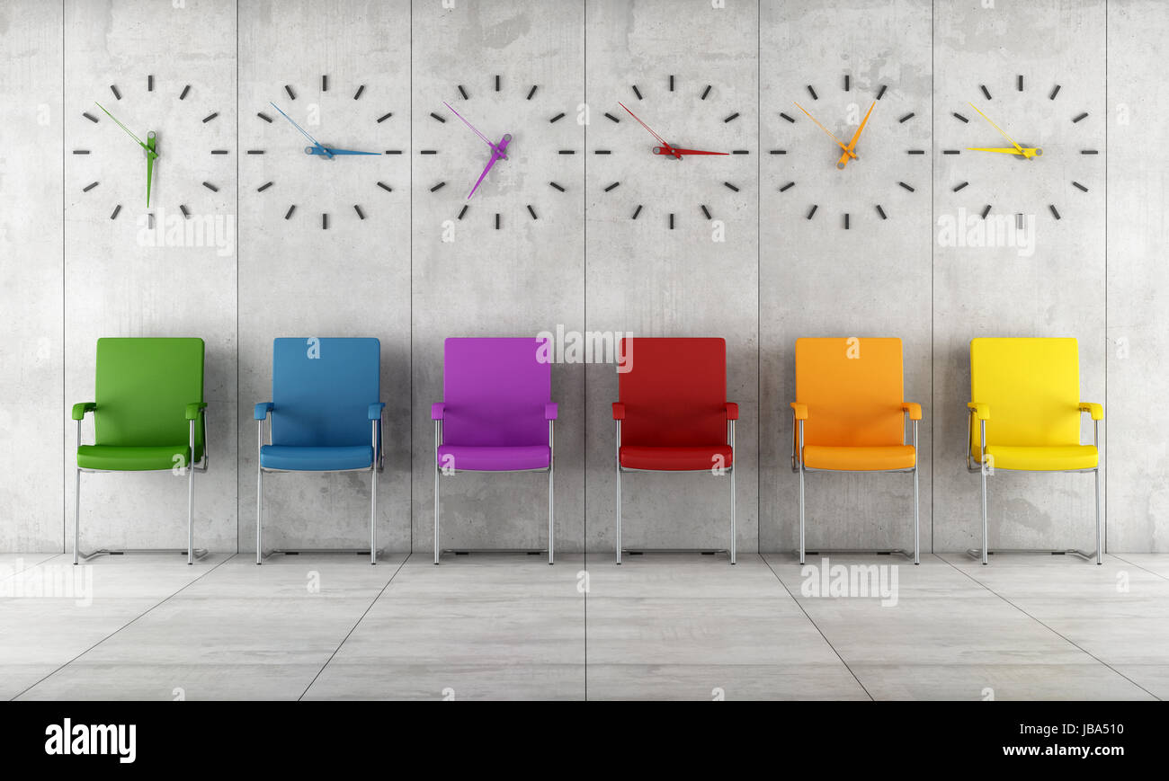Waiting room with colorful chairs and clocks - rendering Stock Photo ...