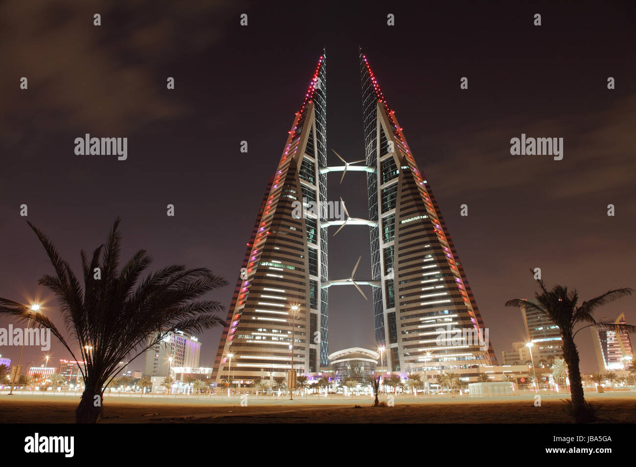 Bahrain World Trade Center Skyscraper at night. Manama, Middle East ...