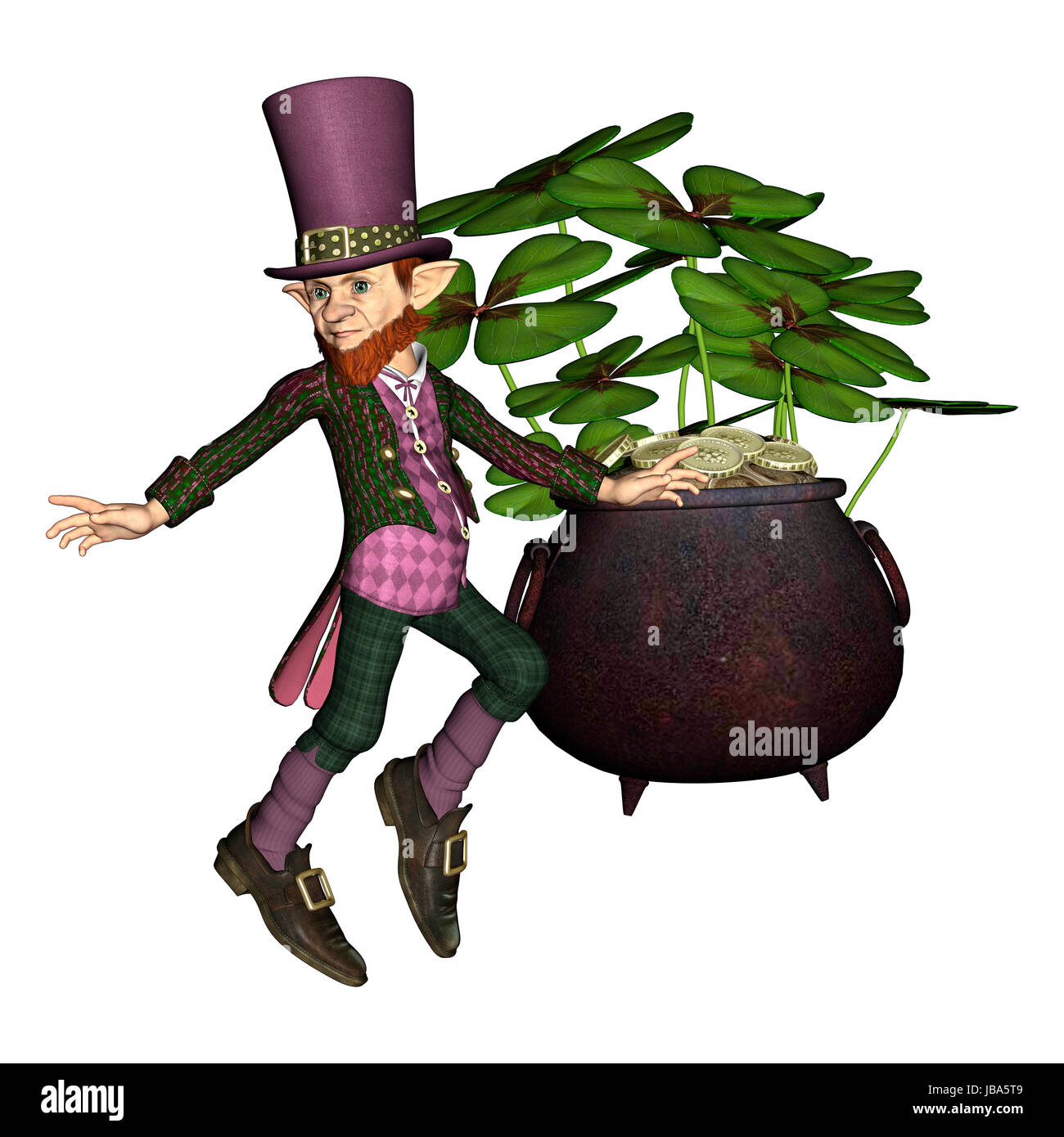 3D digital render of a leprechaun near a pot of gold and shamrock ...