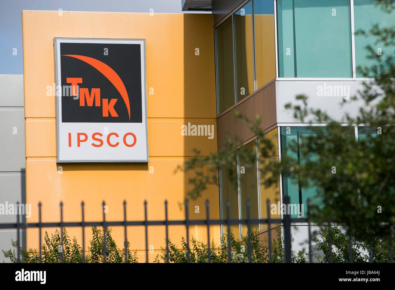 A logo sign outside of a facility occupied by TMK IPSCO in Houston, Texas, on May 28, 2017 Stock ...