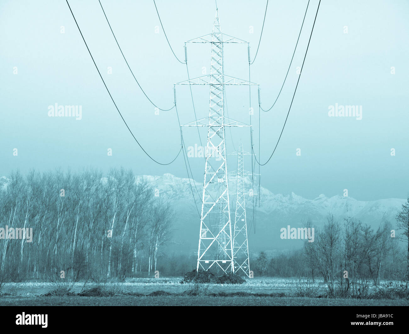 Electric transmission line tower mast with wires - cool cyanotype Stock ...