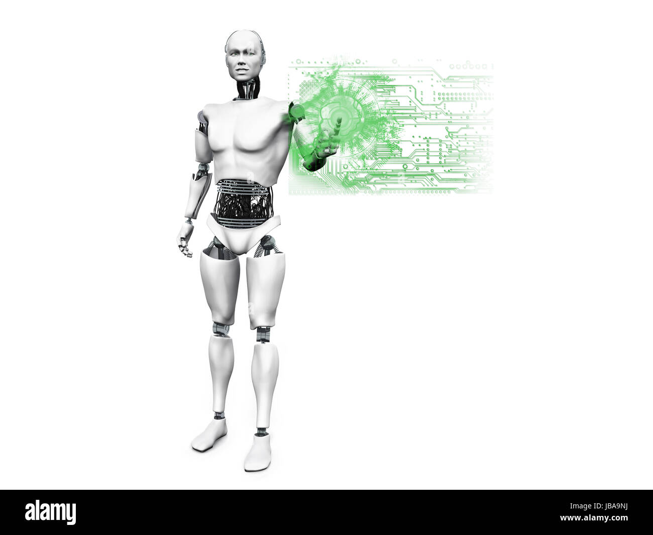 A male robot standing and pushing a technology button with his finger ...