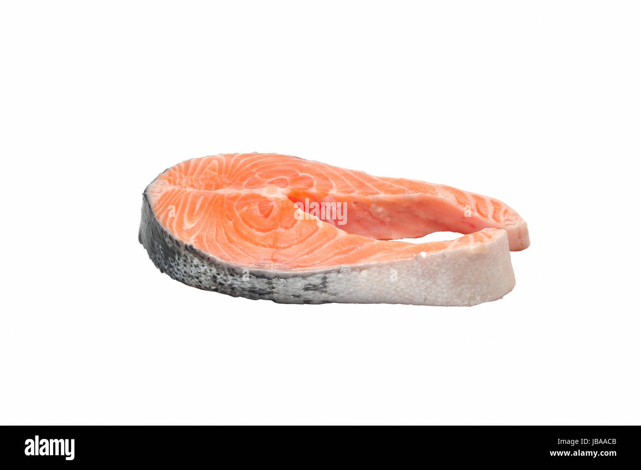 one salmon raw slice isolated on white background Stock Photo - Alamy