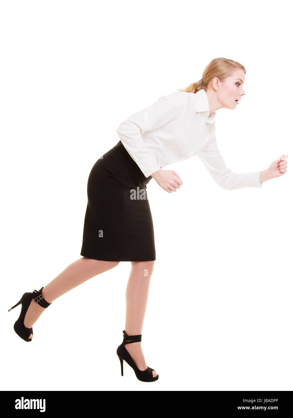 Business concept. Woman running in full body isolated on white ...