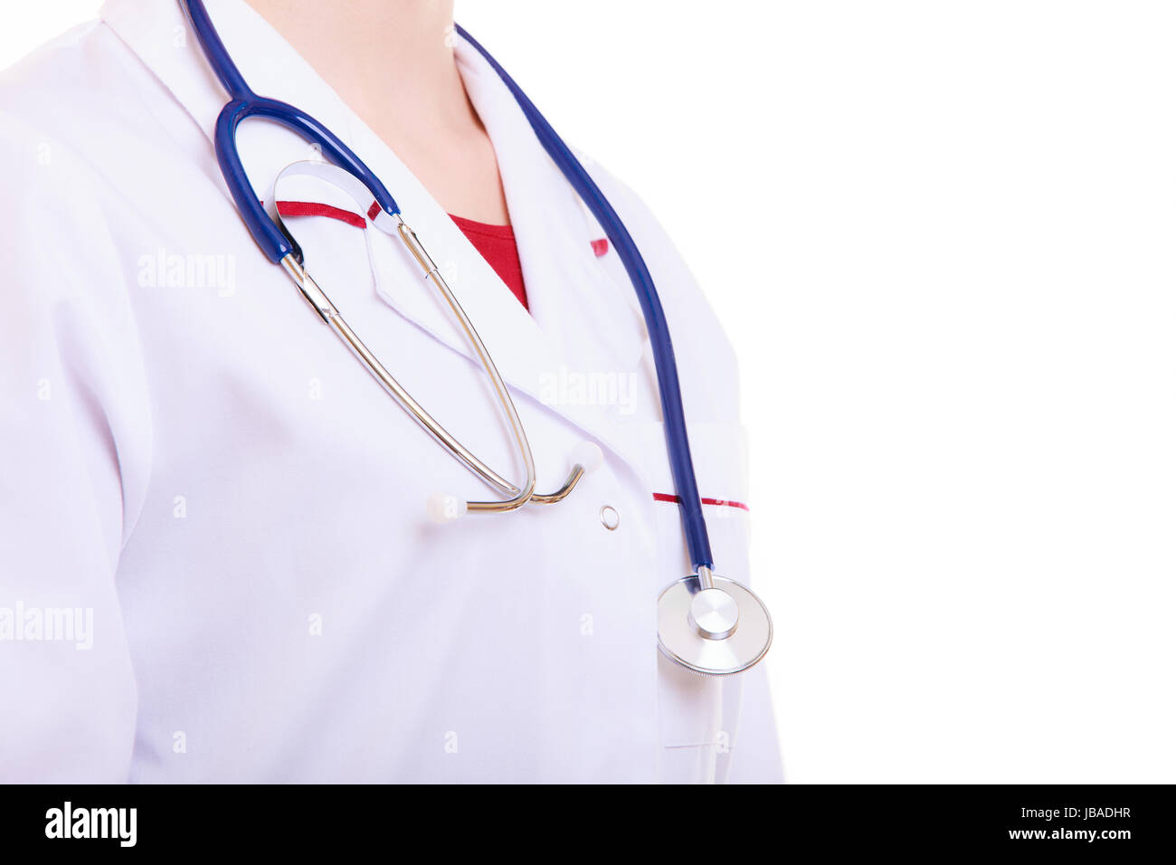 Part of female body in white lab coat. Doctor or nurse with stethoscope ...