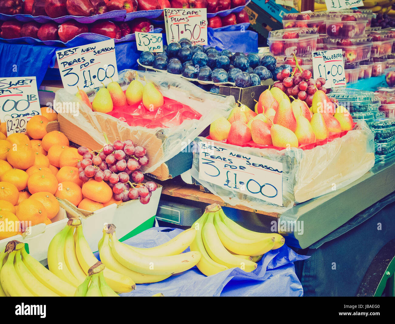 Vintage retro looking Fruits in a supermarket or market shelf Stock ...
