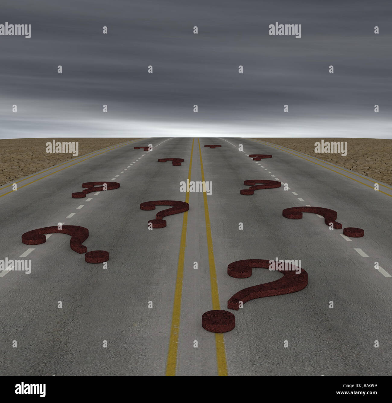 one road with some question marks, concept of doubt or risk (3d render ...