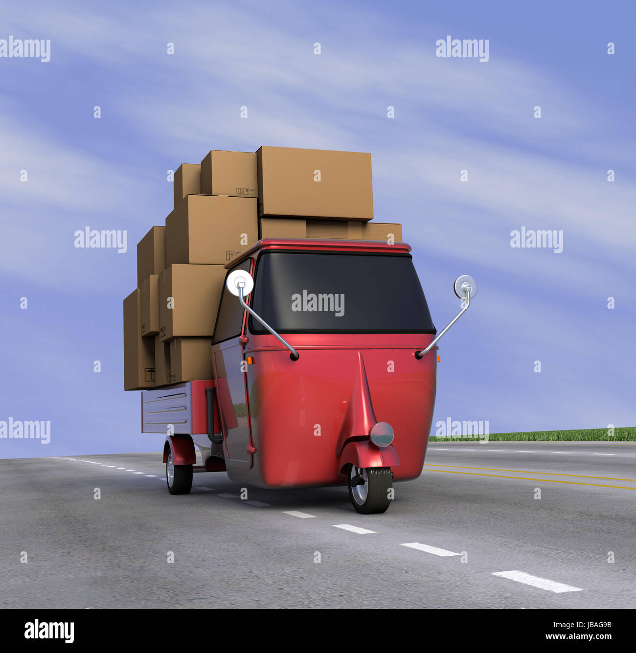one small truck that carries a lot of carton boxes on a sunny road ...
