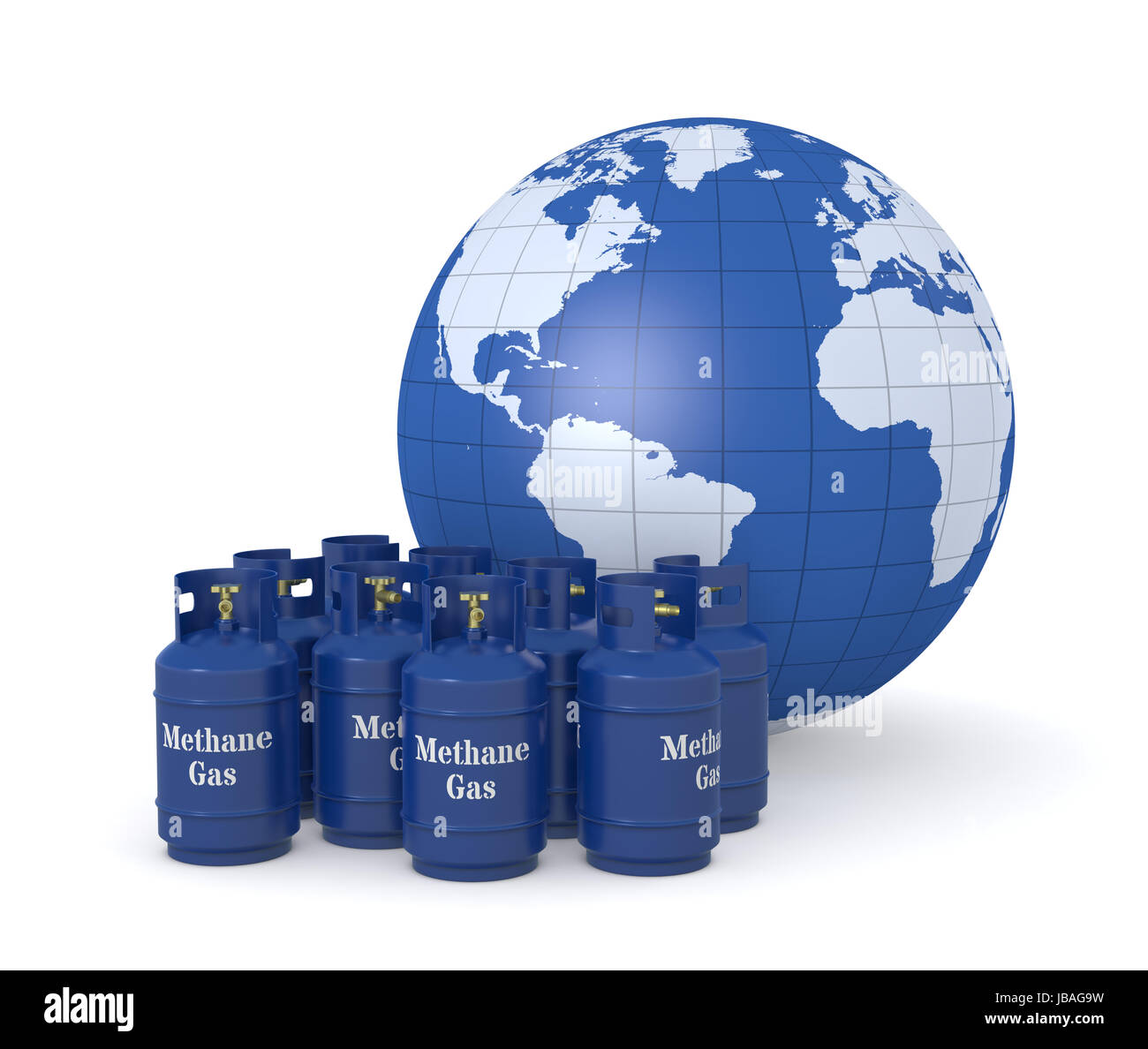 one group of methane gas cylinders with a world globe, earth map ...