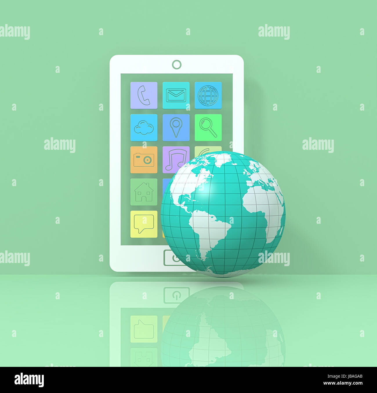 one stylized smartphone with apps icons and a world globe; earth map ...