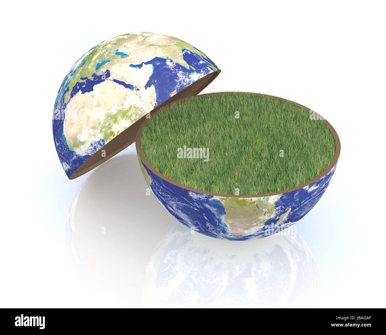 one earth globe divided into two parts, with a lawn; concept of ...