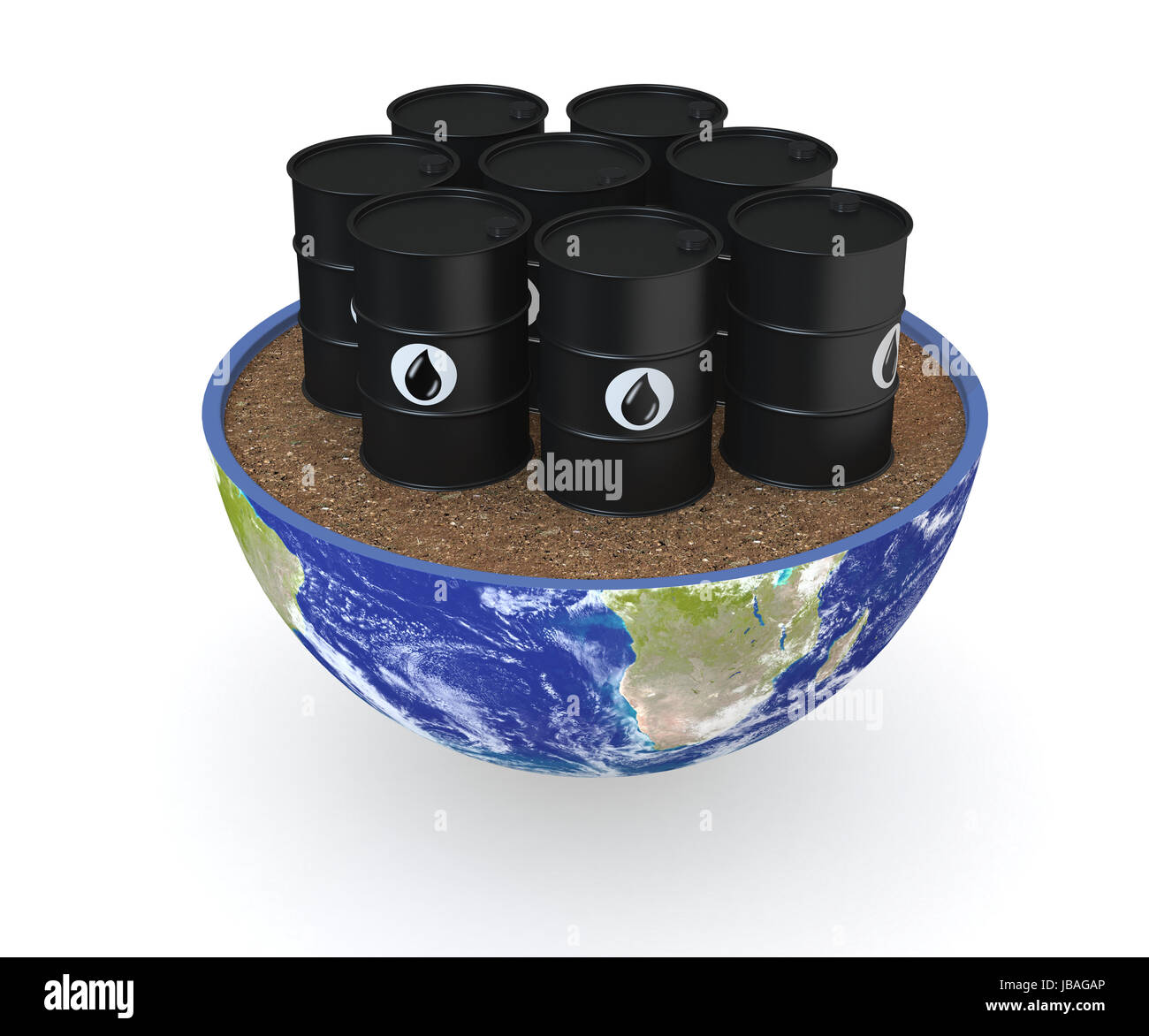 half of an earth globe with a group of oil barrels; earth map courtesy ...
