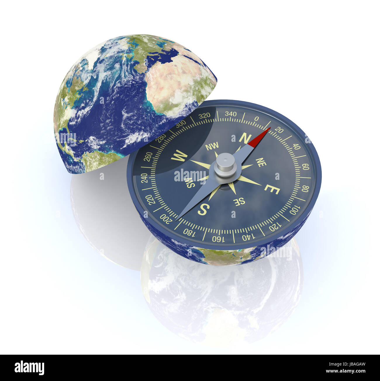 one earth globe divided into two parts, with a compass; concept of ...