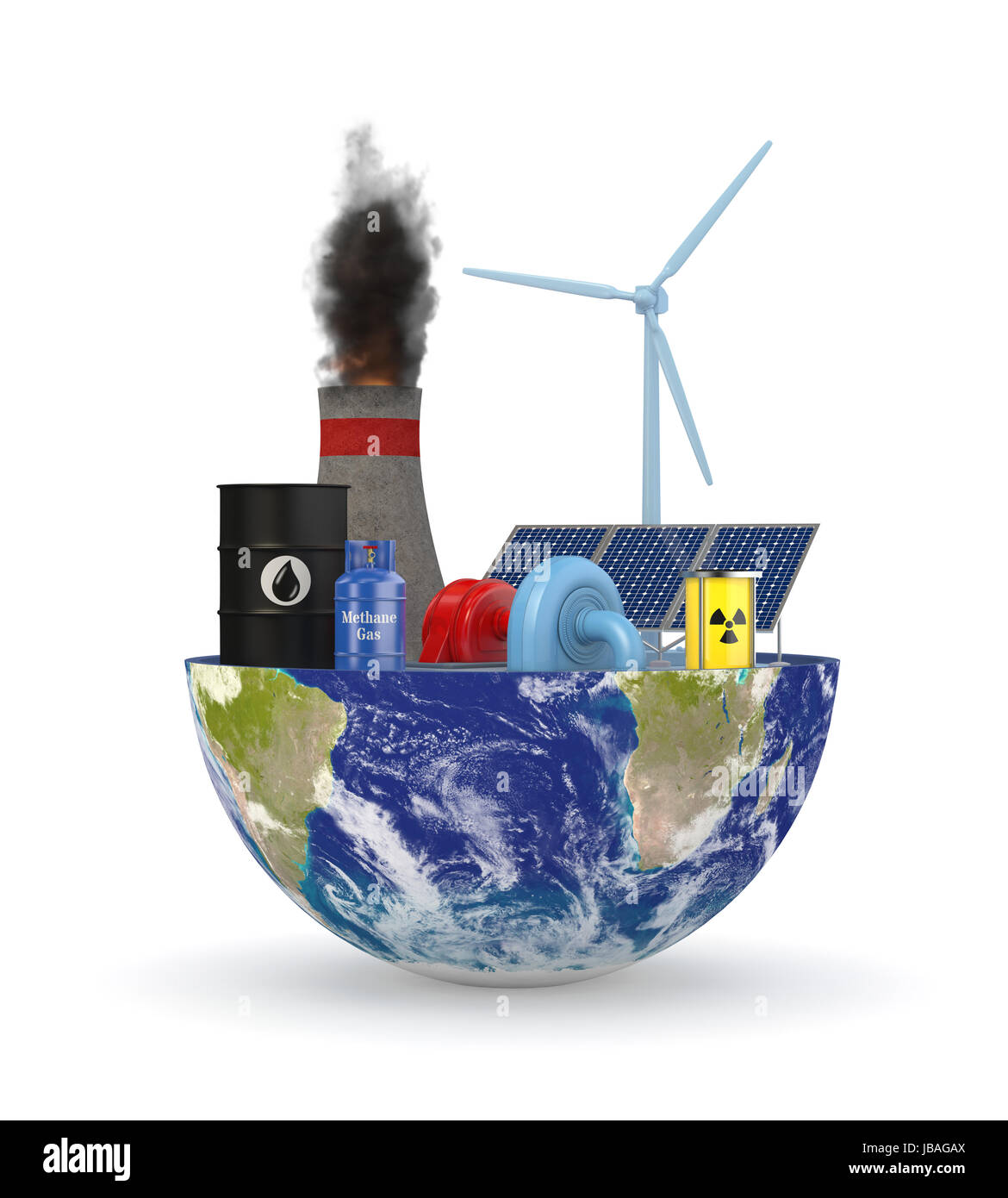 half of an earth globe with various energy sources symbols; earth map ...